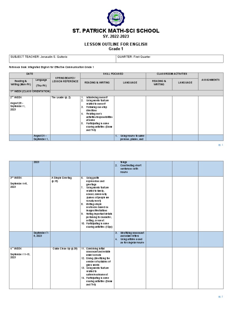 Lesson Outline - G1 | PDF