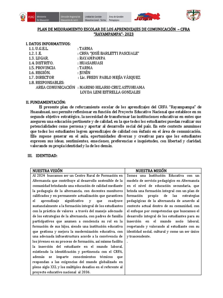 Plan de Reforzamiento de Comunicación Crfa - 2023 | PDF