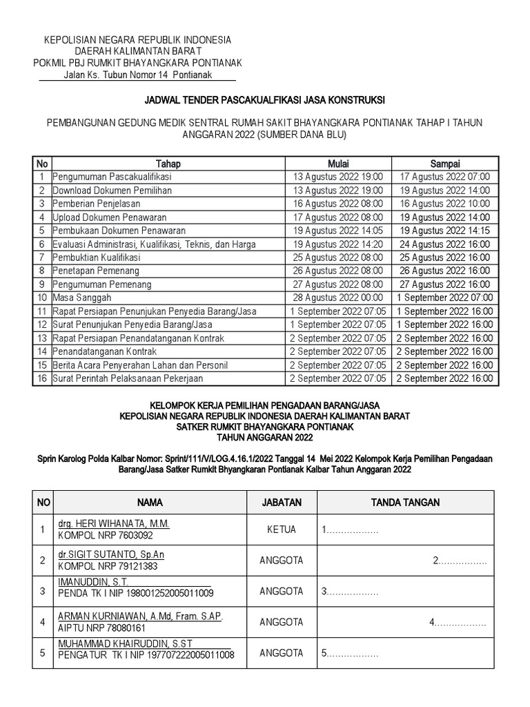 Jadwal Tender Pascakualifikasi Konstruksi Gedung Medik Sentral Rs Bhayangkara Tahap 1 | PDF
