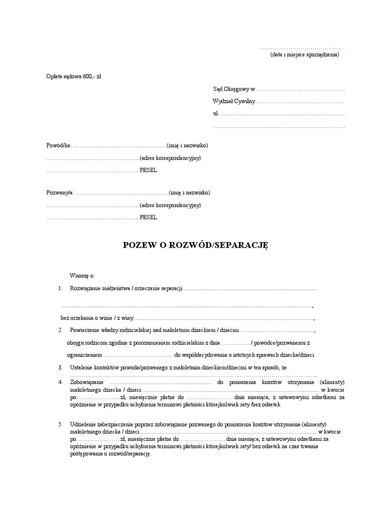 Pozew o Rozwod Wzor Do Pobrania | PDF