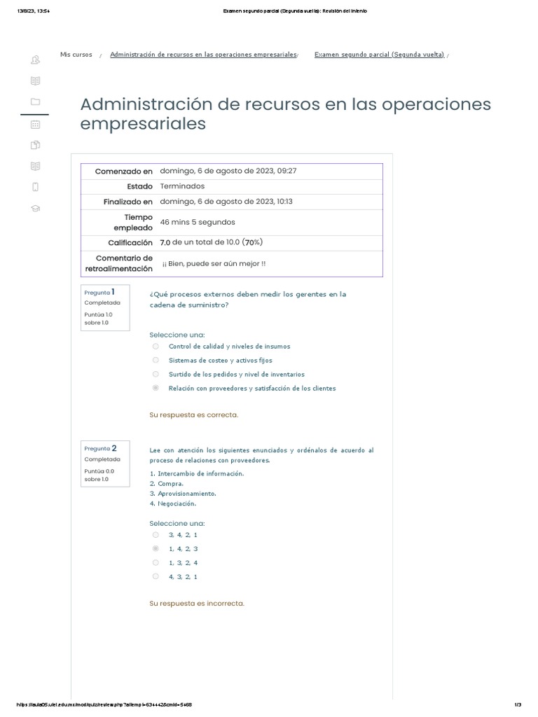Examen Segundo Parcial (Segunda Vuelta) - Revisión Del Intento | PDF | Lean Manufacturing ...