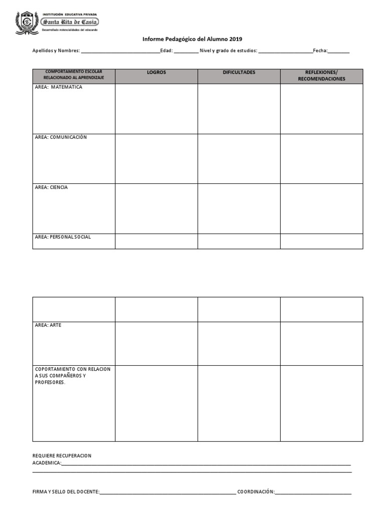 Informe Pedagógico Del Alumno 2019 | PDF