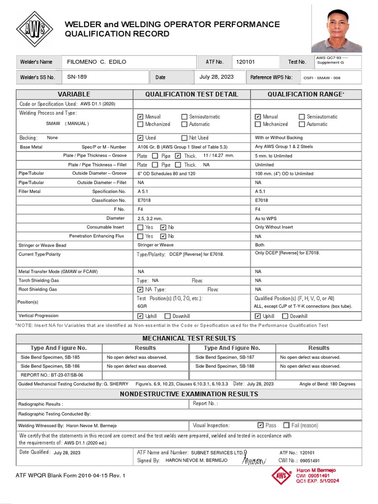 6GR Welder Qualification Record | PDF | Pipe (Fluid Conveyance ...