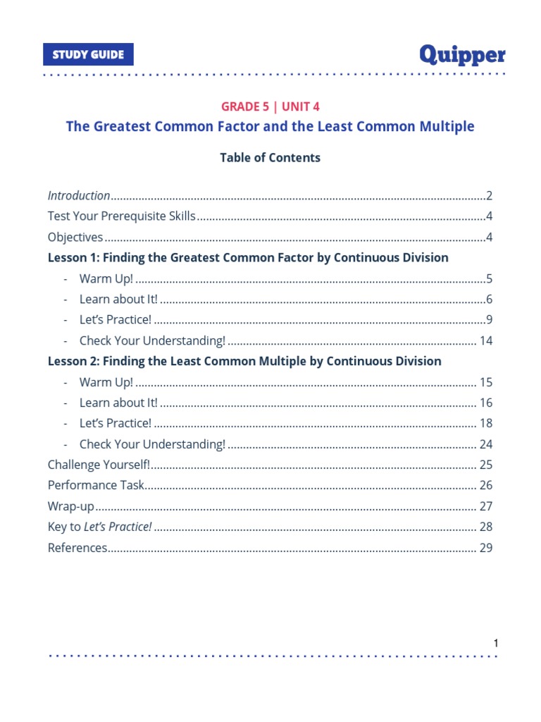 GCF and LCM Study Guide for Grade 5 | PDF