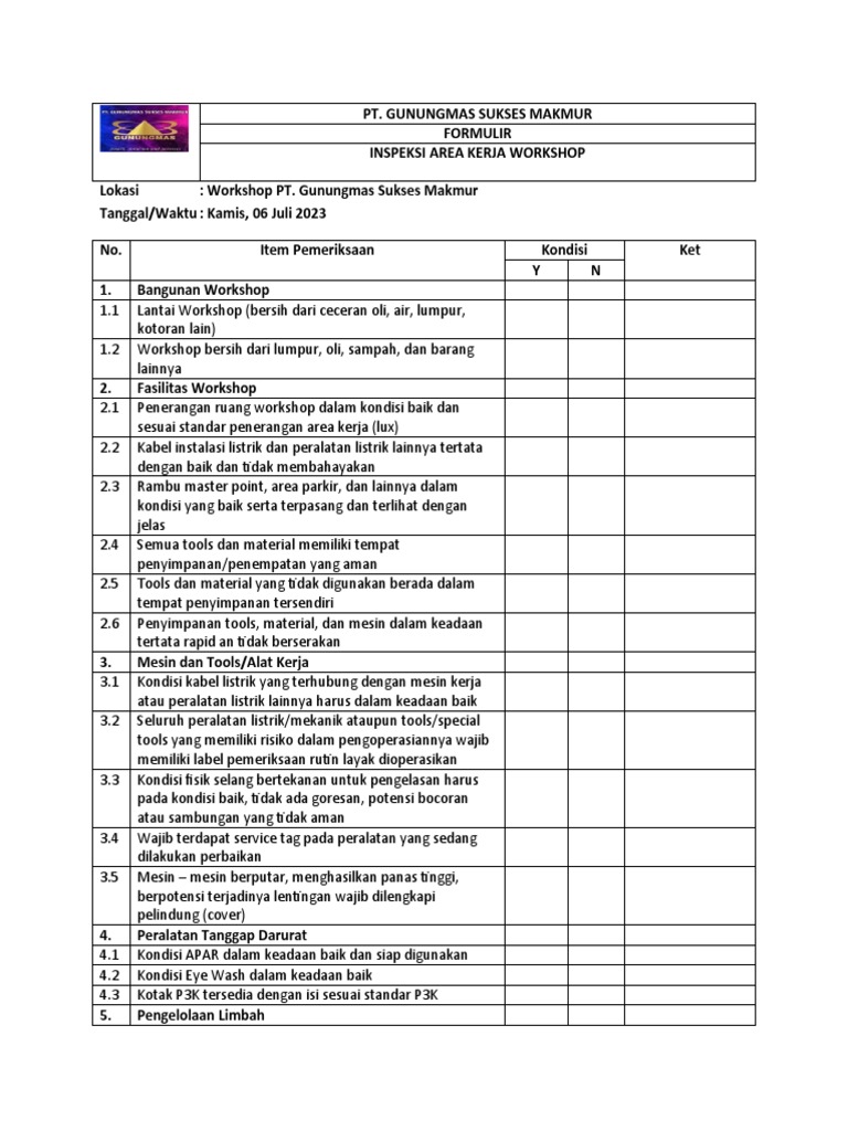Form Inpeksi Area Kerja | PDF