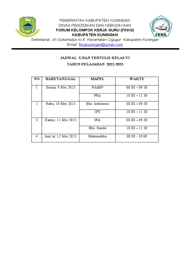Jadwal Ujian Tertulis Kelas Vi Dan Pas | PDF