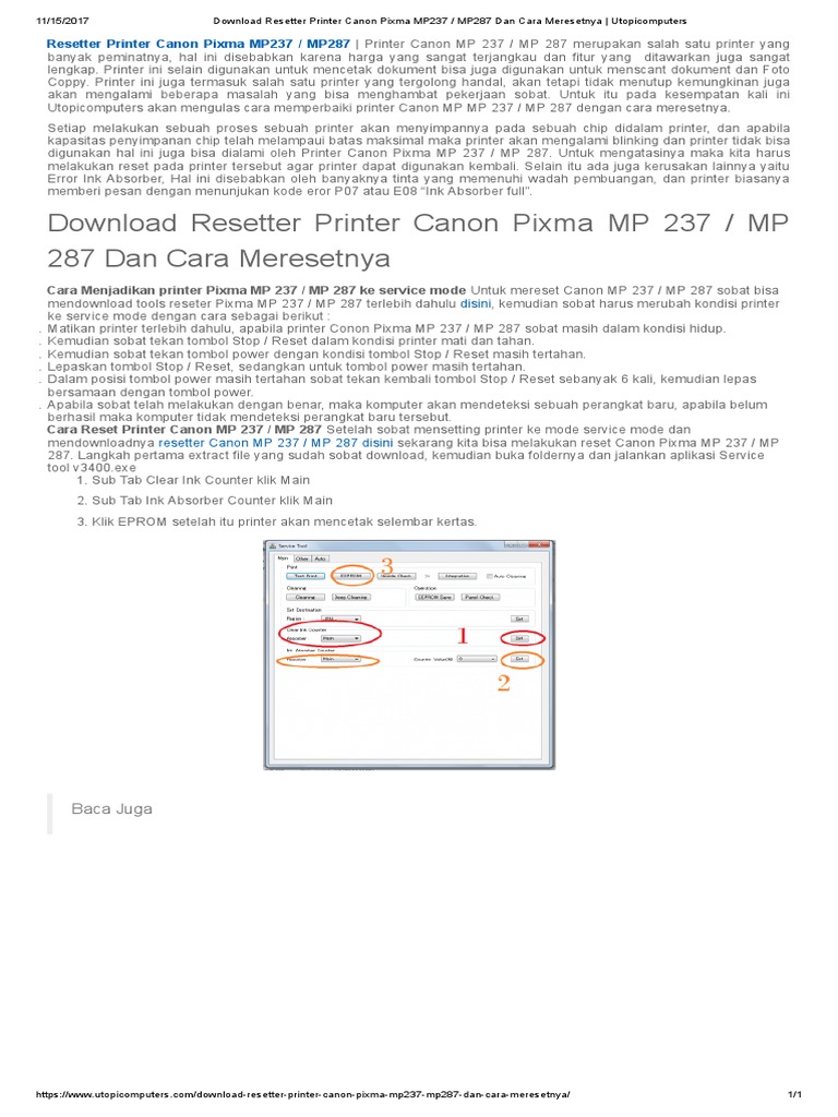 Resetter Printer Canon Pixma MP237 - MP287 Dan Cara Meresetnya - Utopicomputers | PDF
