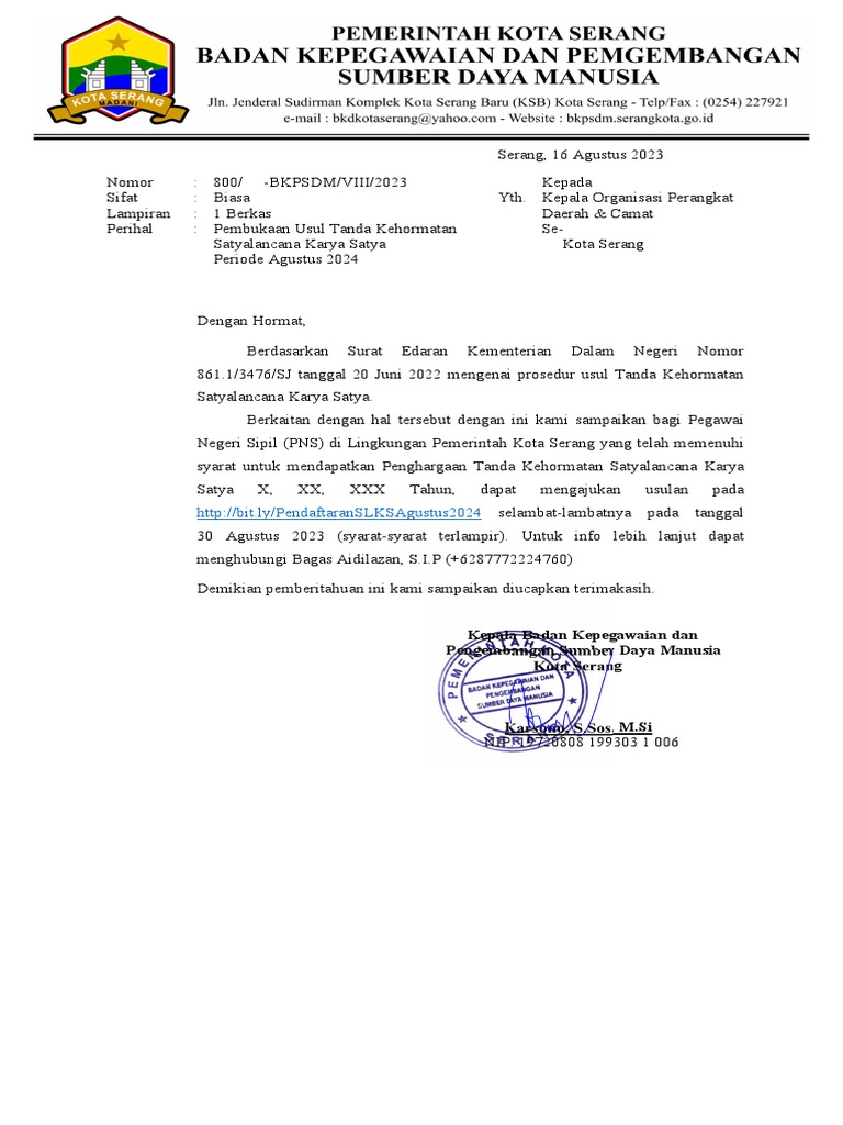 Surat Pembukaan Usul Tanda Kehormatan Satyalancana Karya Satya Periode ... Surat Pembukaan Usul Tanda Kehormatan Satyalancana Karya Satya Periode ...