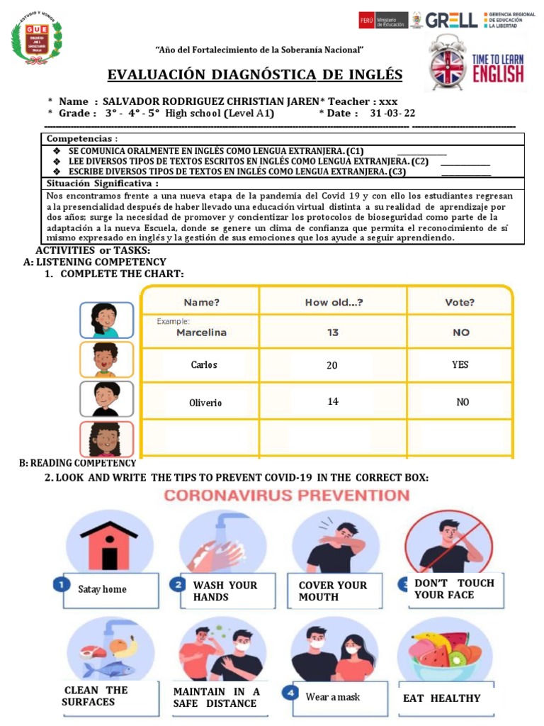 3ro - 4to - 5to - Evaluacion Diagnostica AREA INGLES | PDF