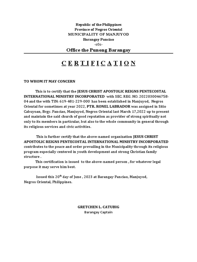 Brgy. Certfication For Church | PDF
