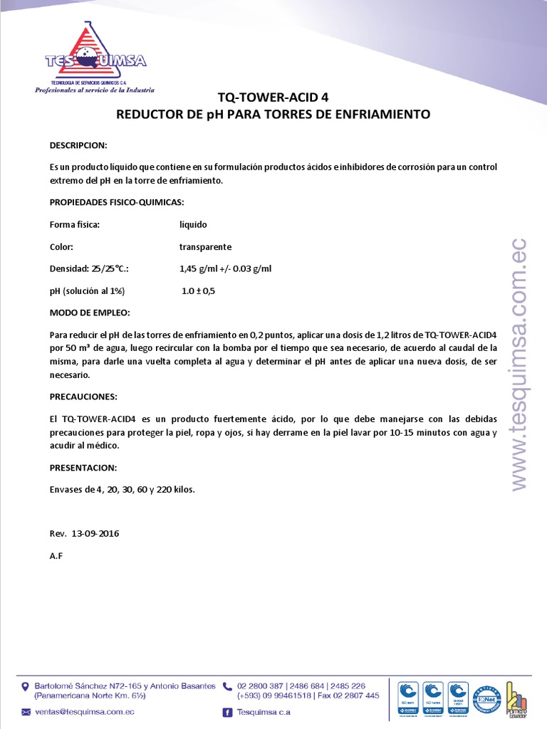 Hoja Tecnica TQ Tower Acid4 | PDF