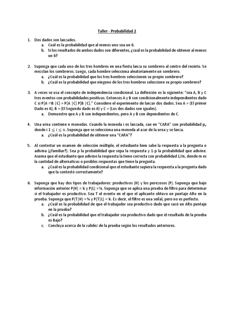 Taller Probabilidad 2 | PDF | Probabilidad | Matemáticas