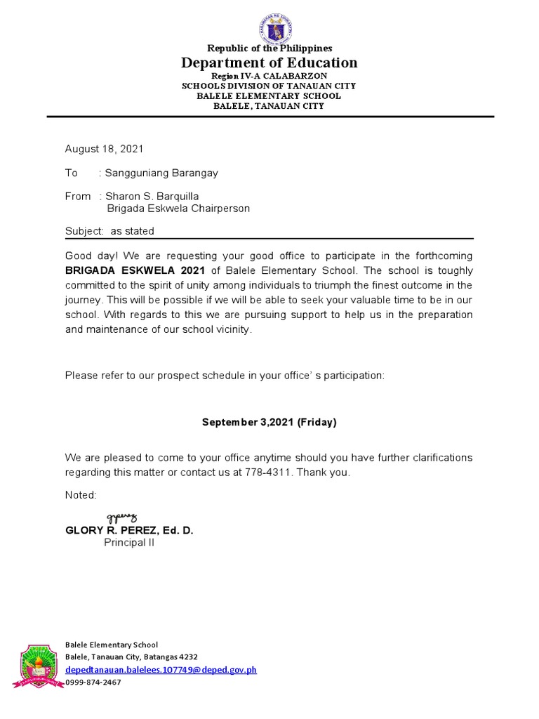Letter of Invitation For Brigada Eskwela | PDF