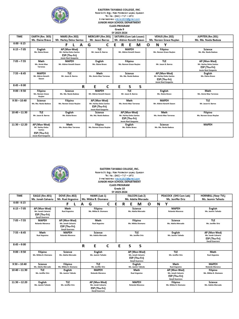 JHS Class Schedule 2023-2024 | PDF | Solar System