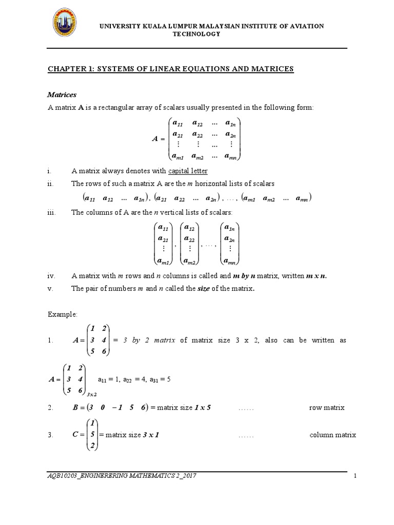Chapter 1 Systems of Linear Equations and Matrices | PDF