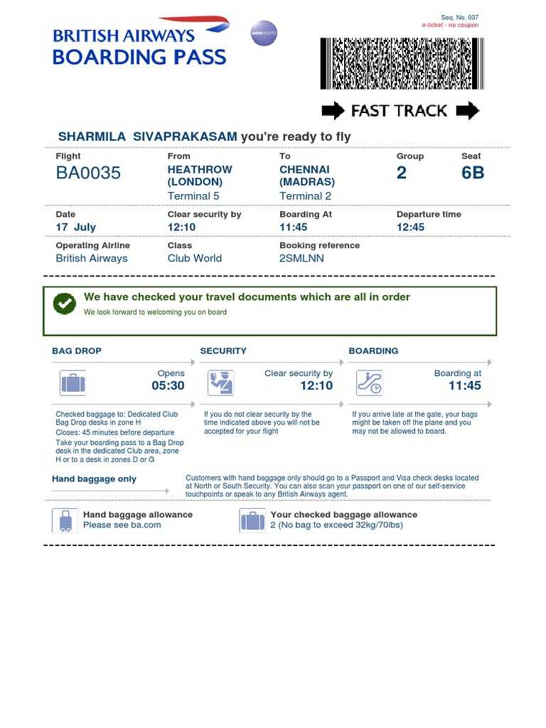 Boarding Pass BA0035 LHR MAA 037 | Download Free PDF | Civil Aviation ...