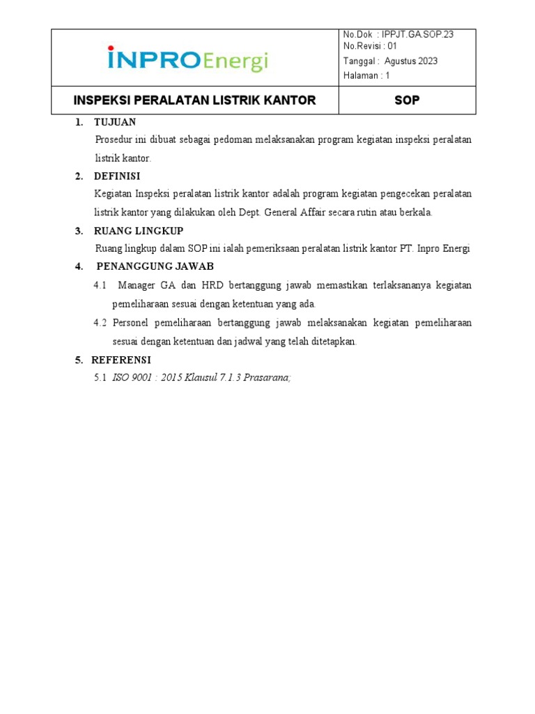 SOP Pemeriksaan Peralatan Listrik Kantor | PDF