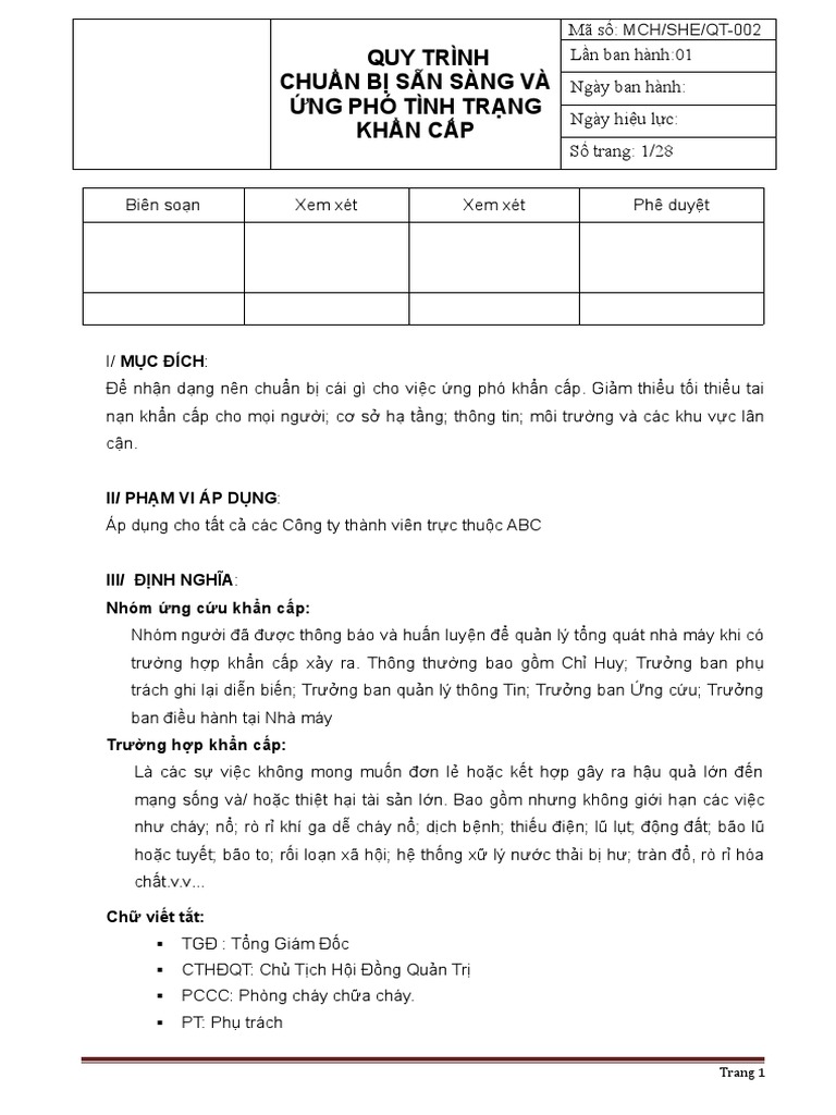 MCH.qt-sHE.002 QT Chuẩn Bị Sẳn Sàng Và Ứng Phó Tình Trạng Khẩn Cấp | PDF