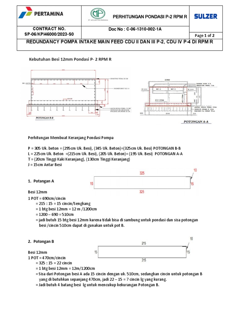 Perhitungan Pondasi Pompa P-2 RPM R | PDF