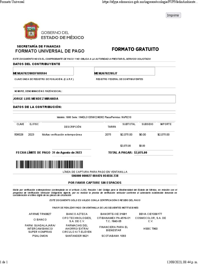 Multa Por Verificación Extemporánea Edomex Pdf