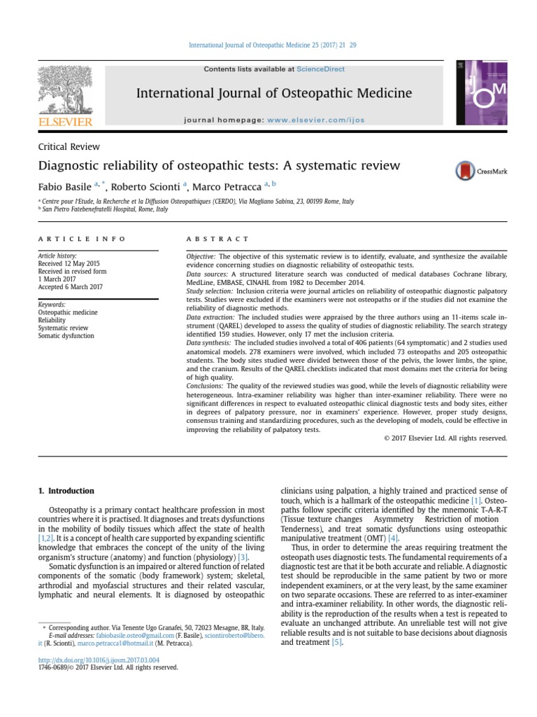 Diagnostic Reliability of Osteopathic Tests - A Systematic Review | PDF