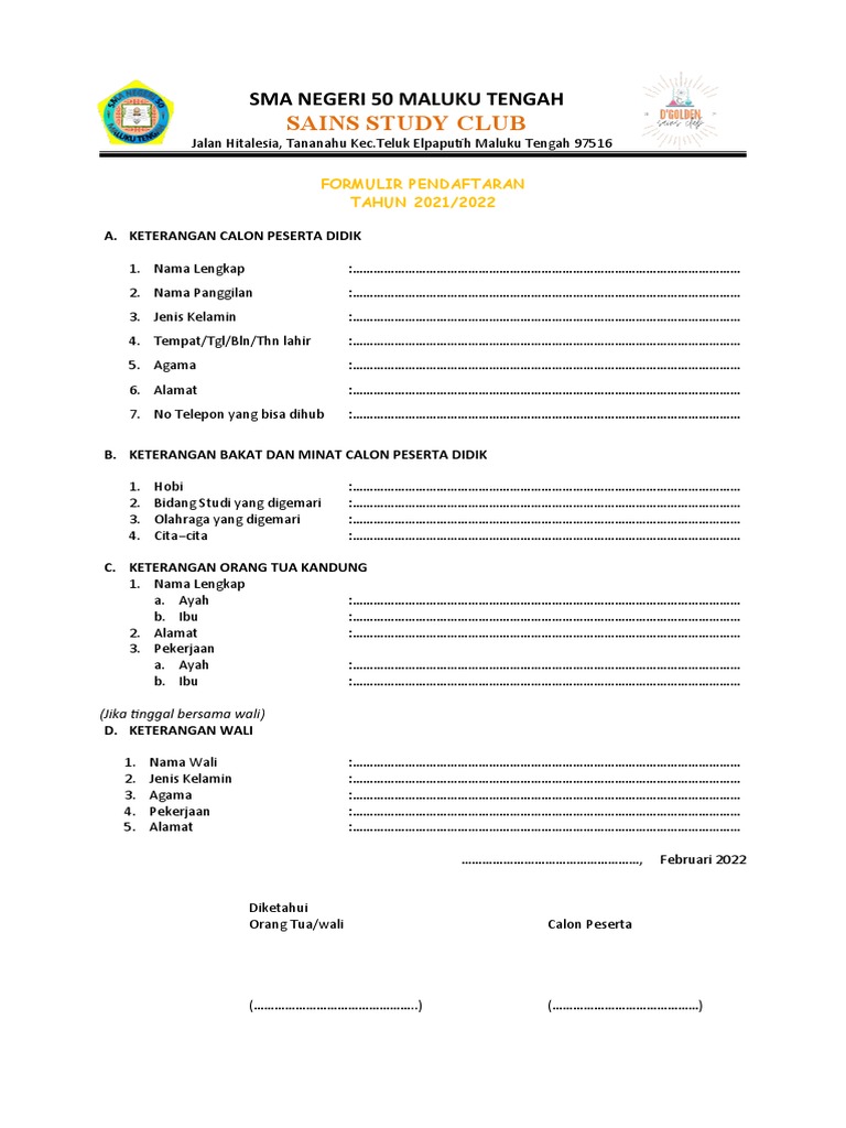formulir pendaftaran klub sains | PDF