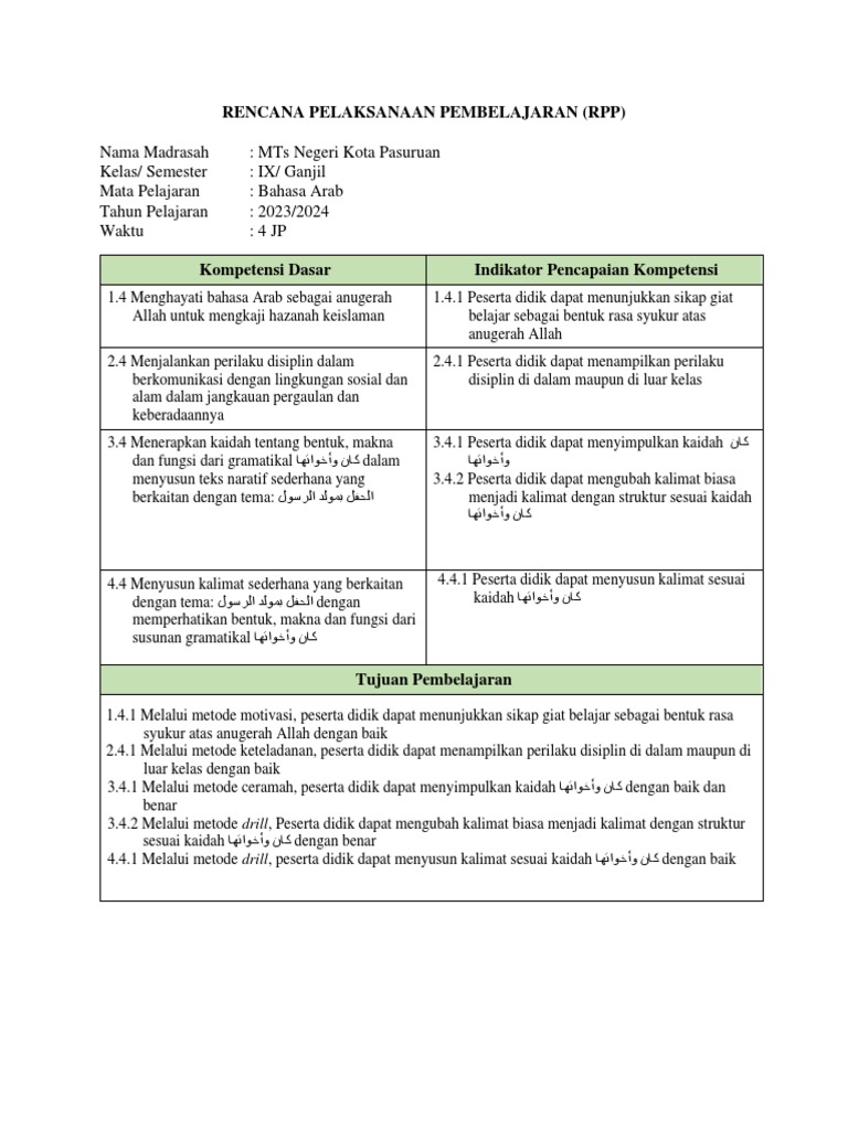 RPP Bahasa Arab Kelas IX | PDF