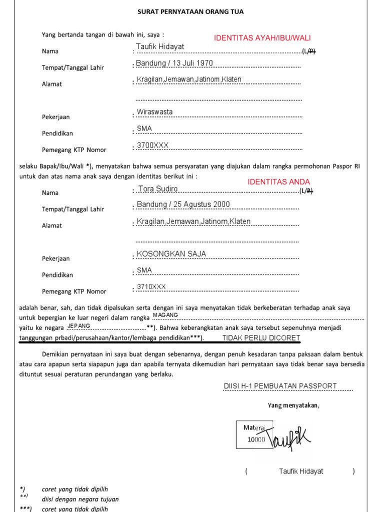 CONTOH SURAT IZIN ORANG TUA UNTUK PEMBUATAN PASSPORT | PDF