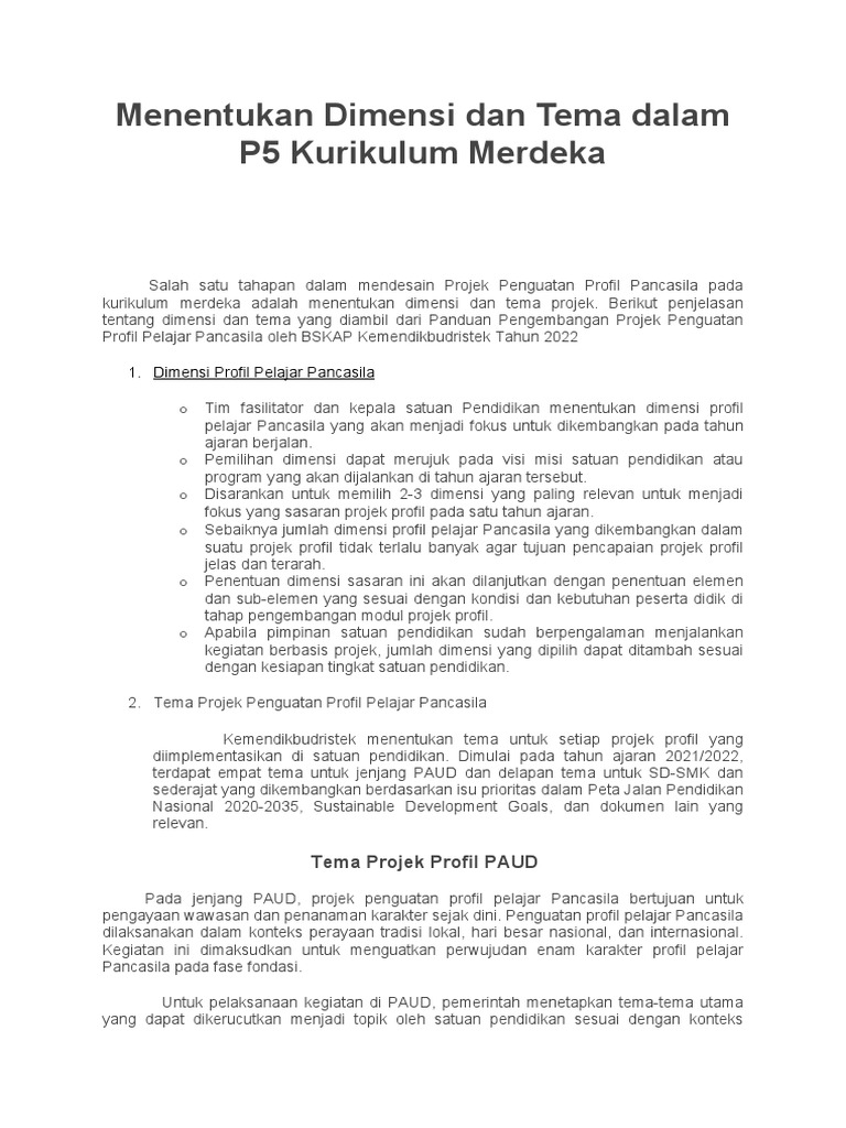 Menentukan Dimensi Dan Tema Dalam P5 Kurikulum Merdeka | PDF
