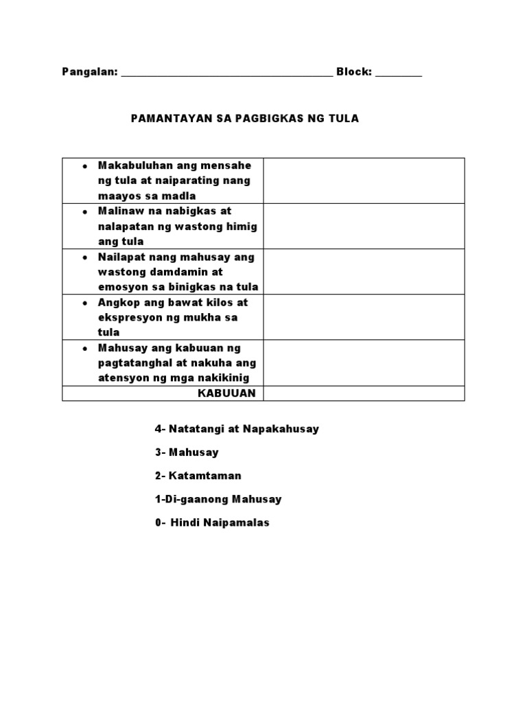 Rubrik Sa Pagbigkas NG Tula | PDF