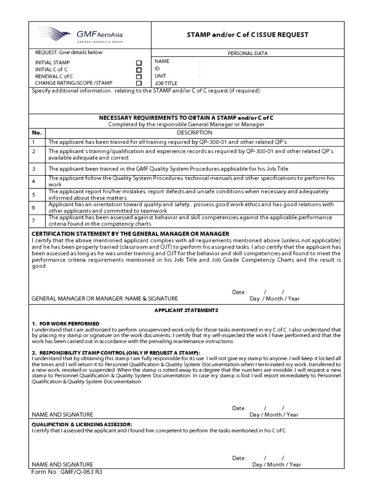 Form GMF Q-063 R3 Stamp C of C Request | PDF