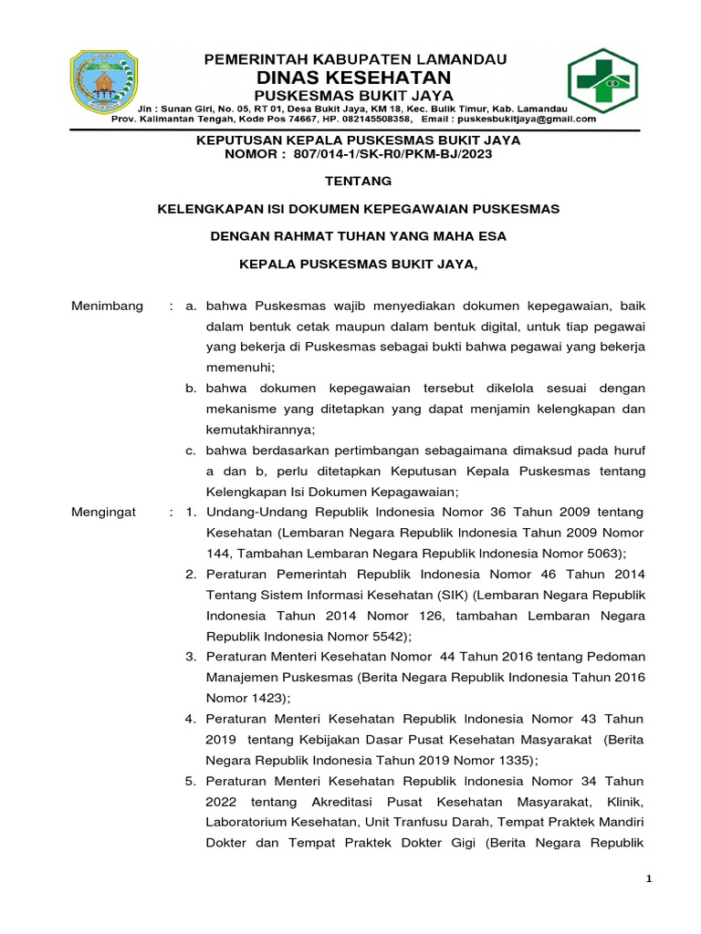 14. SK Kapus Tentang Kelengkapan Isi Dokumen Kepegawaian-1 | PDF