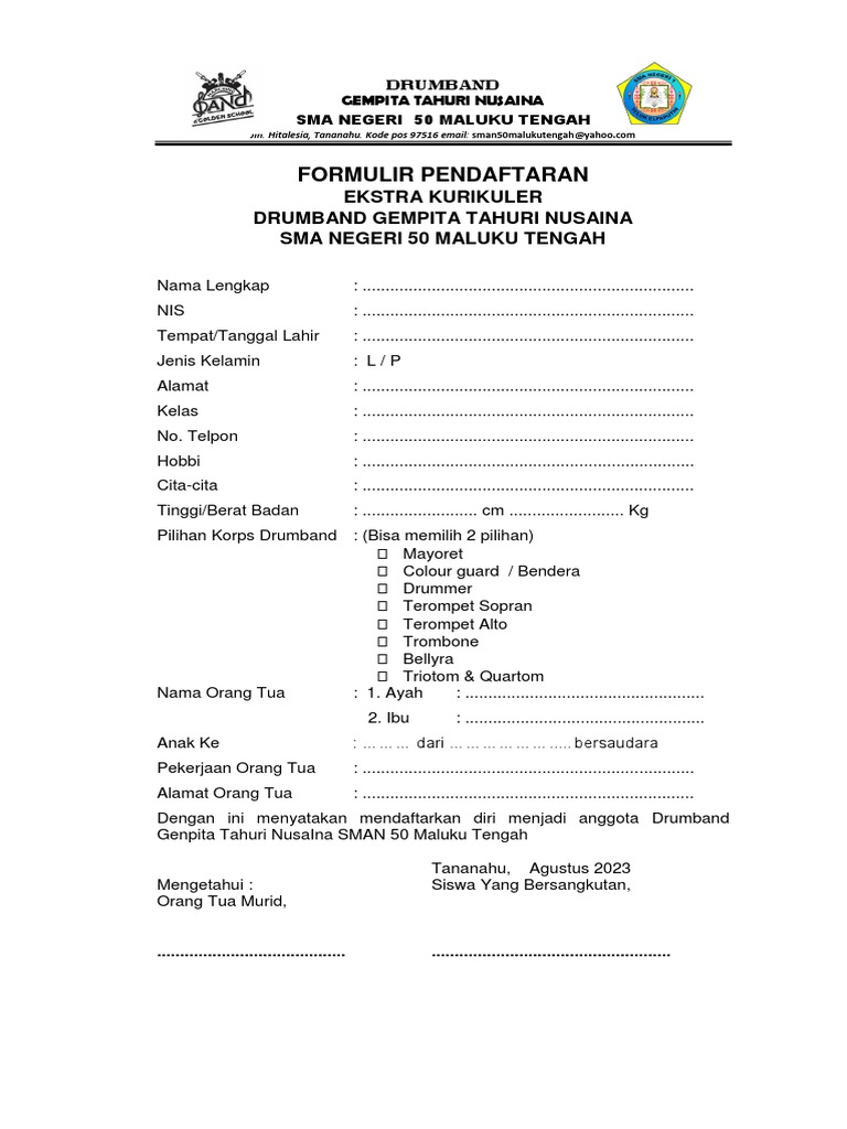 Formulir Pendaftaran Drumband | PDF