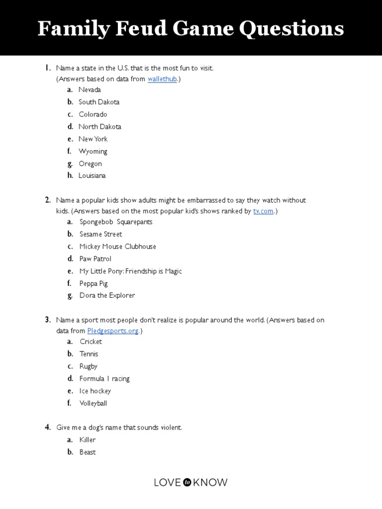 3470 Family Feud Game Questions | PDF | Pickling | Leaf Vegetable