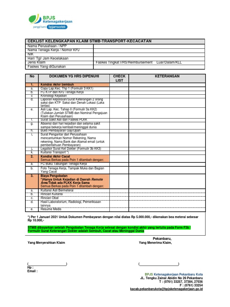 Form Cek List JKK STMB TRANSPORT DAN KECACATAN | PDF