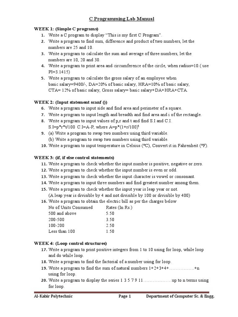 C Programming Lab Manual | PDF