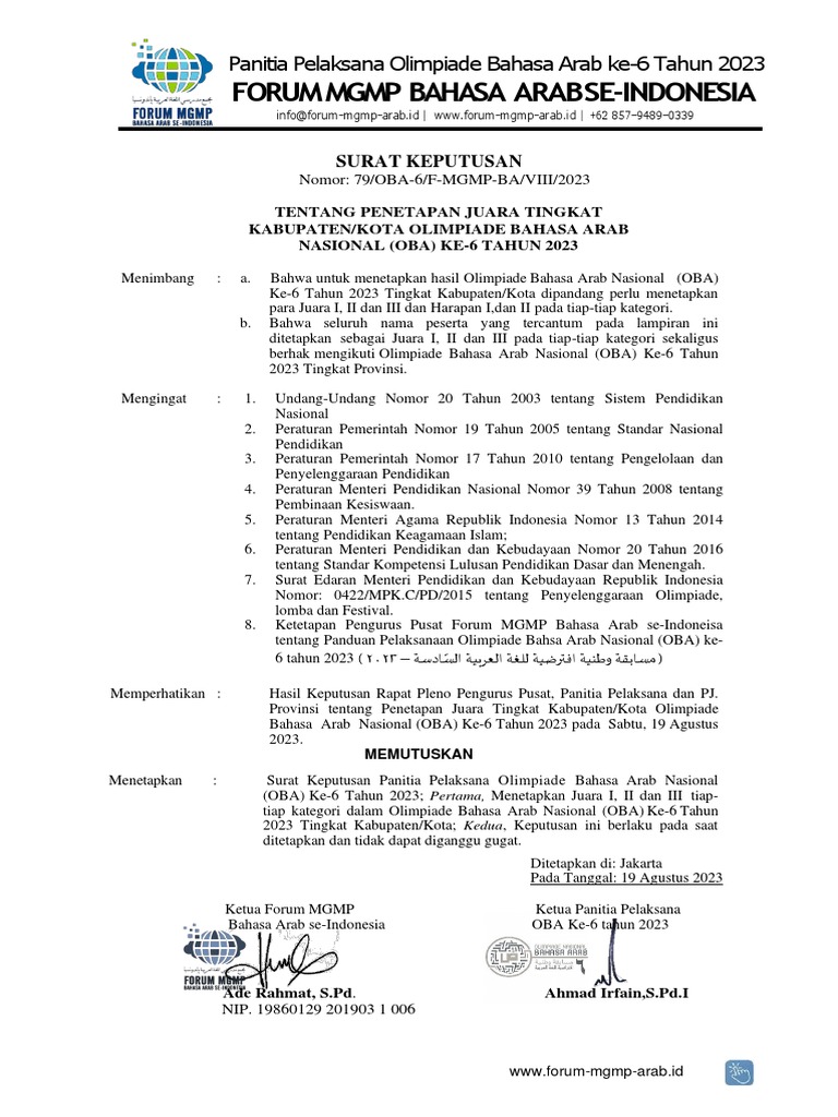 Surat Keputusan Tentang Penetapan Juara Oba Ke-6 Tingkat-Kabupaten-Kota ...
