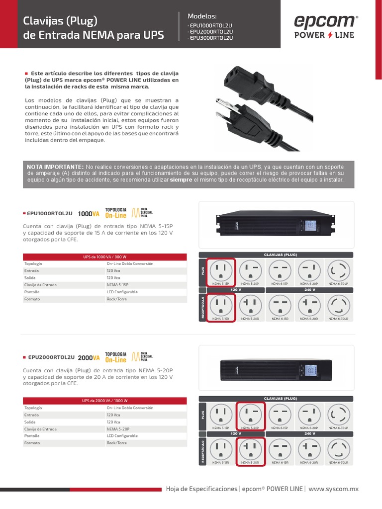 Clavijas (Plug) de Entrada NEMA para UPS | PDF | Electricidad ...