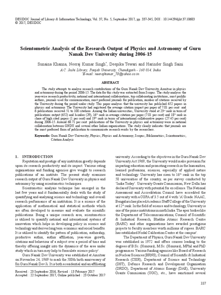 Scientometric Analysis of The Research Output of P | PDF