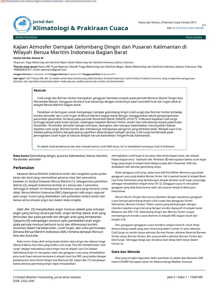 Atmospheric Study of The Impact of Cold Surges and Borneo Vortex ...