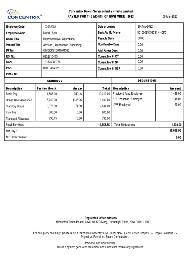 Concentrix Salary Slip - Nov 2022 | PDF | Payroll | Paycheck