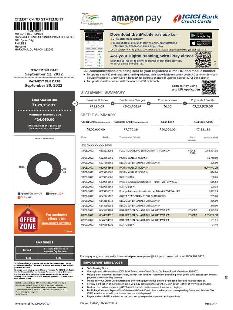 ICICI Bank Credit Card Statement Summary | PDF