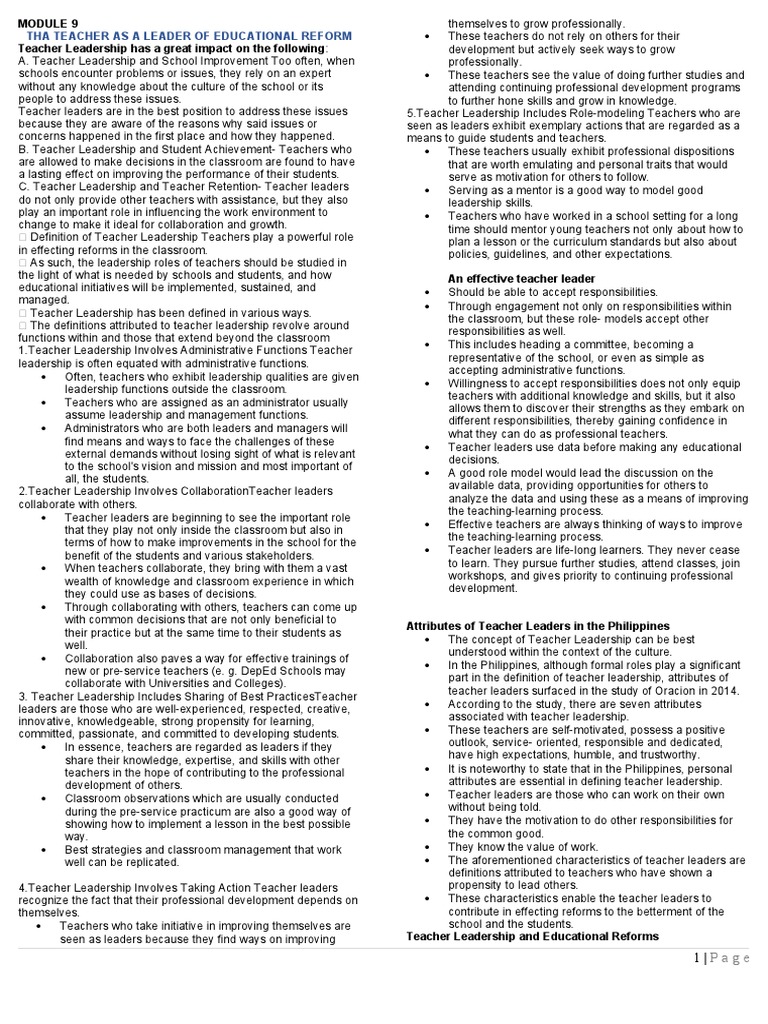 Educ8 M9.reviewer. | PDF | Teachers | Leadership
