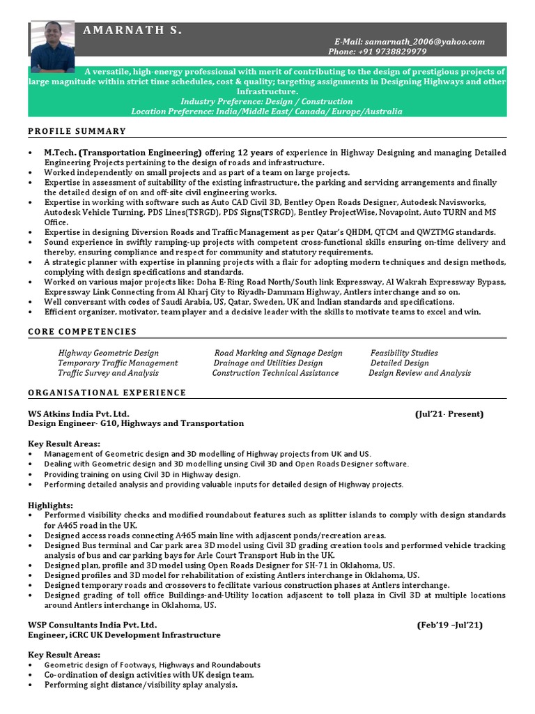 Highway Design Engineer Resume Summary | PDF | Road | Interchange (Road)