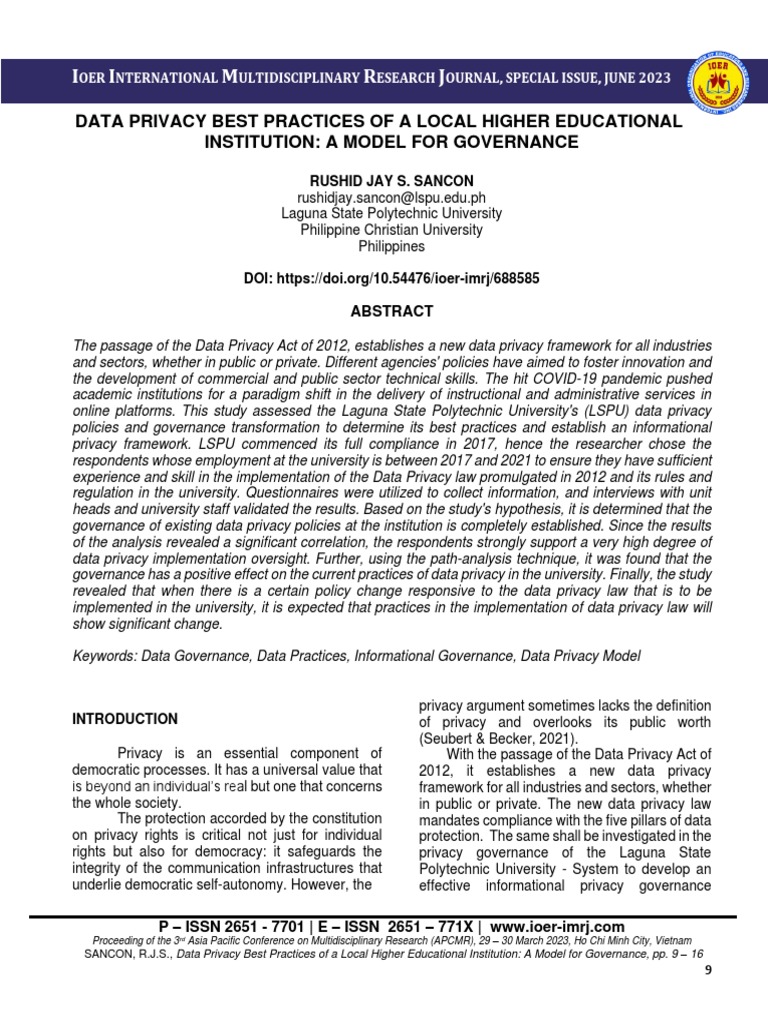 Data Privacy Best Practices Of A Local Higher Educational Institution A Model For Governance Pdf
