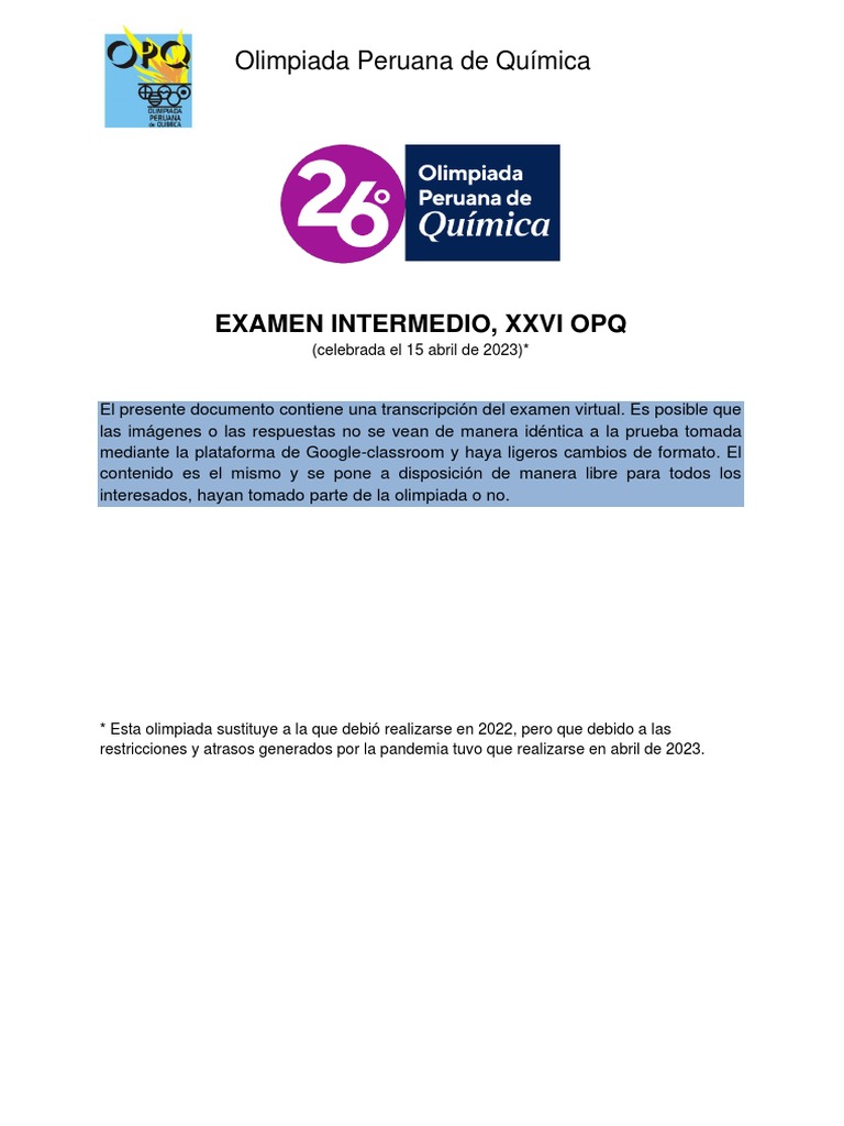 XXVI OPQ - Examen de Nivel Intermedio - PDF | PDF | Conjuntos de elementos químicos | Elementos ...
