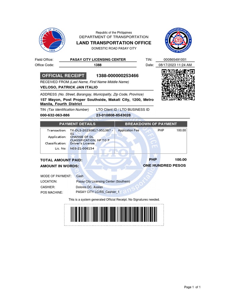 Official Receipt: Land Transportation Office | PDF