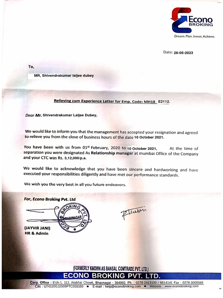 Experience and Relieving Letter | PDF