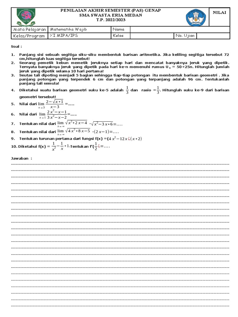 Format Soal PAS Matematika Wajib ID SMSTR Genap Kls XI 2023 | PDF | Metode & Bahan Ajar