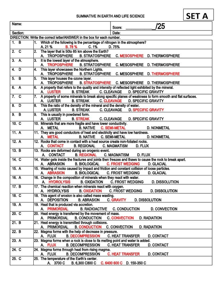 Summative in Earth and Life Science Set A With Key Answer | PDF ...